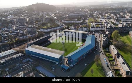 An aerial view of the Scot Foam Stadium at Dens Park, home of Dundee ...