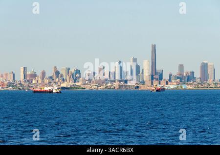 View from the water, from Hudson bay to Lower Manhattan. New York City ...