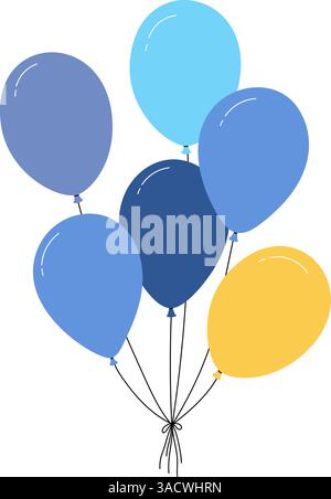 Bundle of balloons with strings, simple doodle outline, floating party ...