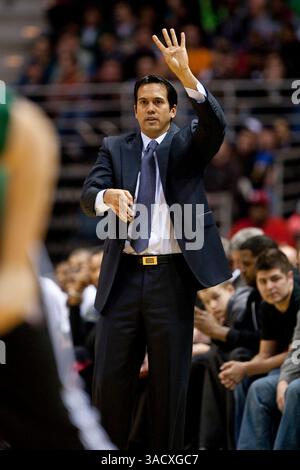 Miami Heat's head coach Erik Spoelstra gestures to his players during ...