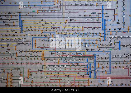 Intricate network diagram displaying multiple interconnected lines and ...