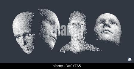 Four human faces constructing from particles. Network forming AI human face. Technology and ...