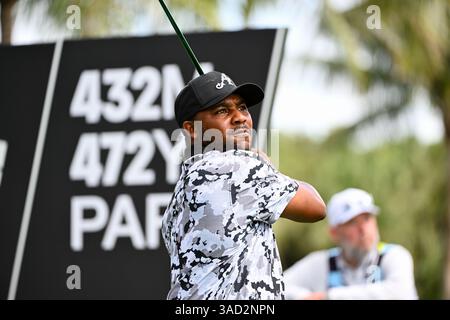 Harold Varner III, of 4Aces GC, hits his shot on the fourth hole during ...