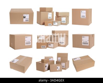 Many different parcels with shipping labels isolated on white, collage ...