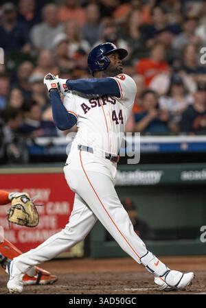 Houston Astros' Yordan Alvarez (44) hugs Jeremy Peña (3) after hitting ...