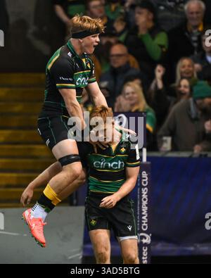 Northampton Saints' Henry Pollock celebrates with the trophy after ...