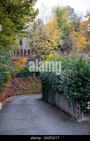 Winding autumn path in a Turin, Italy park. Colorful foliage and a ...