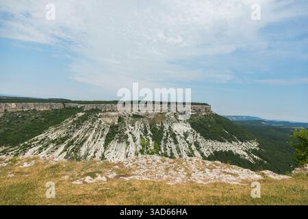 A striking view of a limestone ridge with steep white slopes and ...