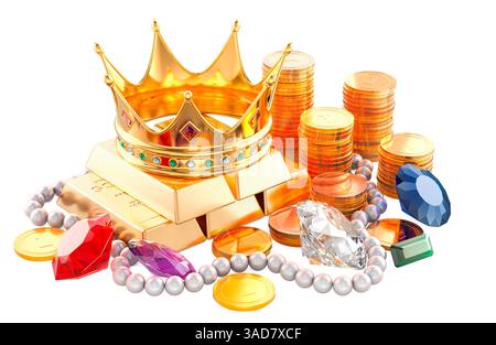 Treasures. Golden Crown, gold ingots, colored gems and golden coins, 3D ...