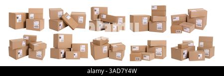 Many different parcels with shipping labels isolated on white, collage ...