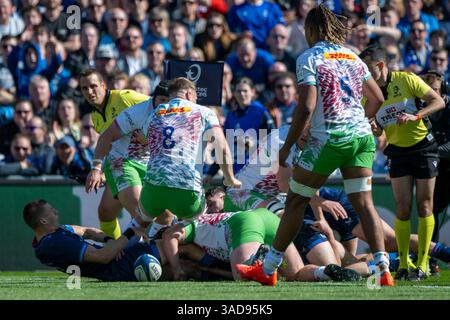 Sam Prendergast of Leinster scores a try during the BKT United Rugby ...
