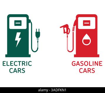 Electric vs Gasoline Car Symbols. Flat vector illustration comparing ...
