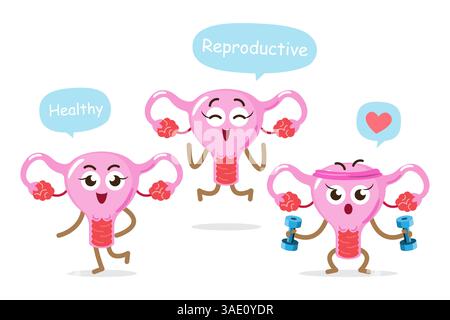 Collection cute female cartoon uterus. Human reproductive organ ...