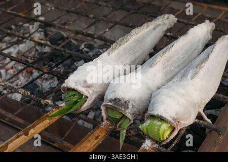 Salt-Crusted Grilled Snakehead fish grill on charcoal stove at market ...