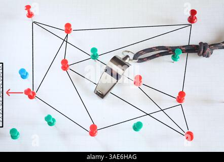 soccer tactics scribble on blackboard and whistle of soccer referee or ...