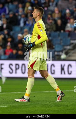 April 5, 2025: St. Louis City defender Kyle Hiebert (22) heads the ball ...