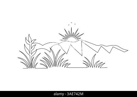 Continuous Sunset one line art drawing with outline vector illustration ...