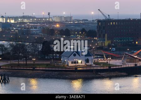 Norwegian church and the Glow Works building, Cardiff Bay, Wales Stock ...