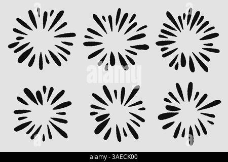 A collection of silhouette firework illustrations in black line art ...