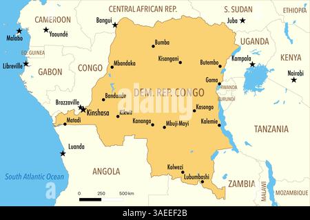 Map of Congo with Major Cities and Neighboring Countries Stock Photo ...