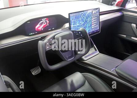 The smart cockpit of a Tesla electric vehicle MODEL X is seen in ...