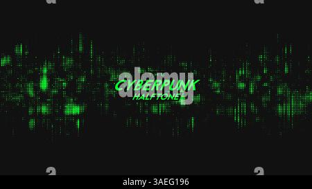 Abstract vector green cyberpunk halftone sound wave. Scrathed dotted ...