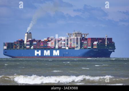 A large ONE container ship and an HMM cargo ship navigate Qingdao Port ...