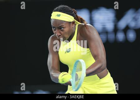 Coco Gauff of the U.S. plays a shot against France's Lois Boisson during their semifinal match ...