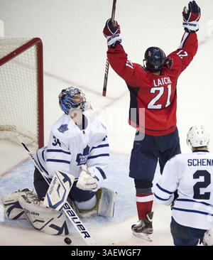 Toronto Maple Leafs goalie Dennis Hildeby (35) blocks the puck during ...