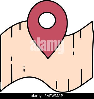 map pin on curled paper halftone hand drawn color vector illustration ...