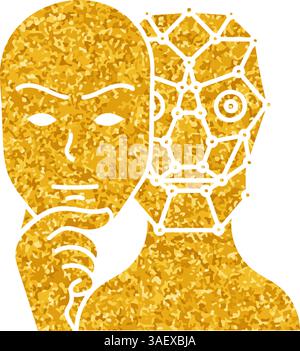 Deep fake concept robot wearing human face mask black hand drawn icon ...