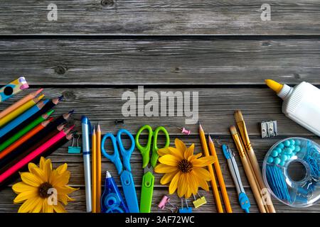 Stationery supplies on wooden background Stock Photo - Alamy