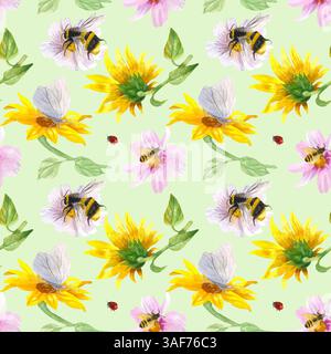 Butterfly and bees. Watercolor seamless pattern with butterflies, bees ...