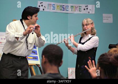 School music teacher plays the flute in the classroom. Woman teaches ...