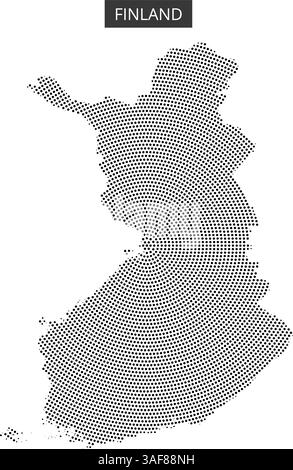 A detailed map outline of Finland is presented in a dotted monochrome ...