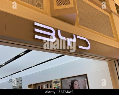 Chinese car manufacturer BYD (Build your dreams) branding at a shopping ...