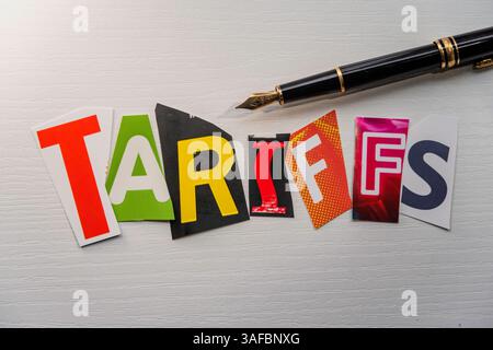 The Word "Tariffs" using cut-out paper letters in the ransom note ...