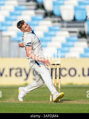 Luis Reece bowling for Derbyshire in a County Championship match ...