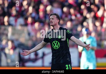 April 06 2025: Yannick Gerhardt of VfL Wolfsburg gestures during a 1 ...
