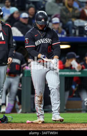 Minnesota Twins' Ty France is hit by a pitch during a baseball game ...