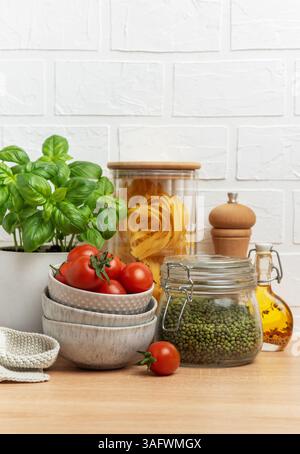 Ingredients ready on the counter to make pasta Stock Photo - Alamy