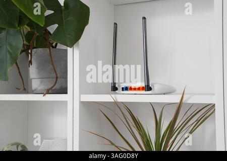 Shelf unit with wi-fi router, plants and folders in office Stock Photo ...