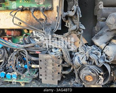 Damaged Solar Inverter After Explosion – Close-Up of Exposed Circuitry ...