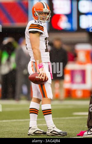 New York Giants quarterback Colt McCoy passes as he warms up before an ...