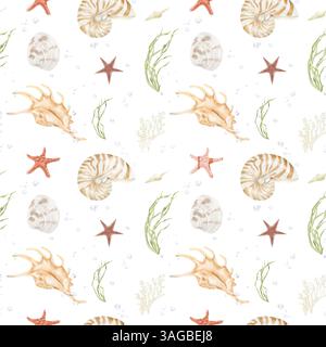 Seashells and wavy algae, seamless pattern. Watercolor illustration ...