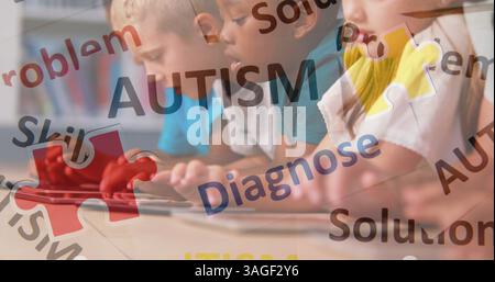 Image of puzzles falling over autism text and male teacher with school ...
