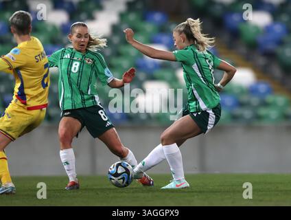Northern Ireland's Danielle Maxwell has a shot on goal during the UEFA ...
