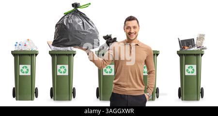 Young handsome man recycling plastic bottles screaming proud ...