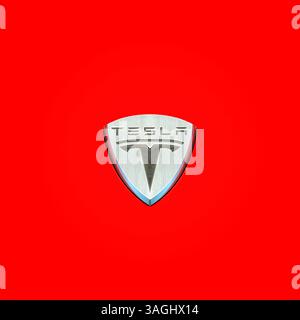 Tesla emblem on a car at LeMay America's Car Museum Stock Photo - Alamy