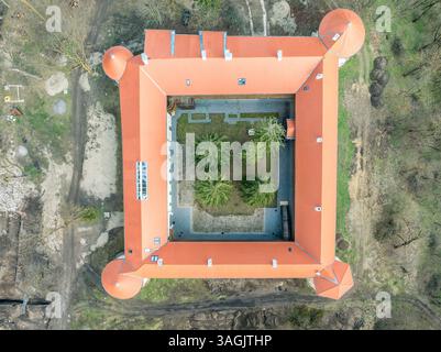 Aerial view of Gilau castle Gyalu on top of a hill near Cluj, newly ...